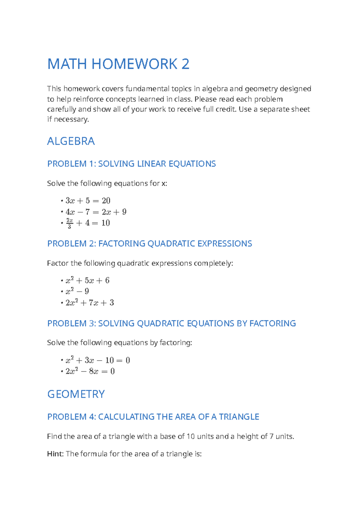 MATH 101: Homework 2 - Algebra & Geometry Problem Set - Studocu