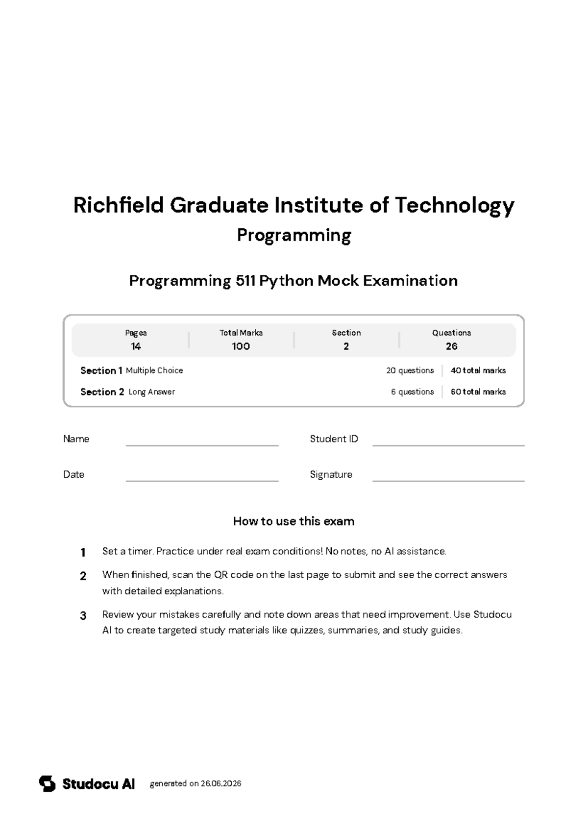 Programming 511 Python Mock Exam - Studocu
