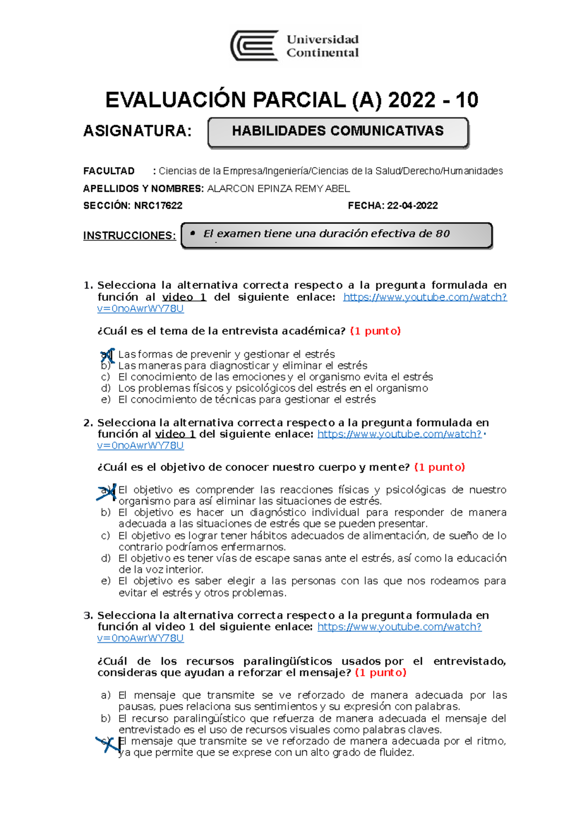 Evaluación Parcial C HABILIDADES COMUNICATIVAS - EVALUACIÓN PARCIAL (A) 2022 - 10 ASIGNATURA ...