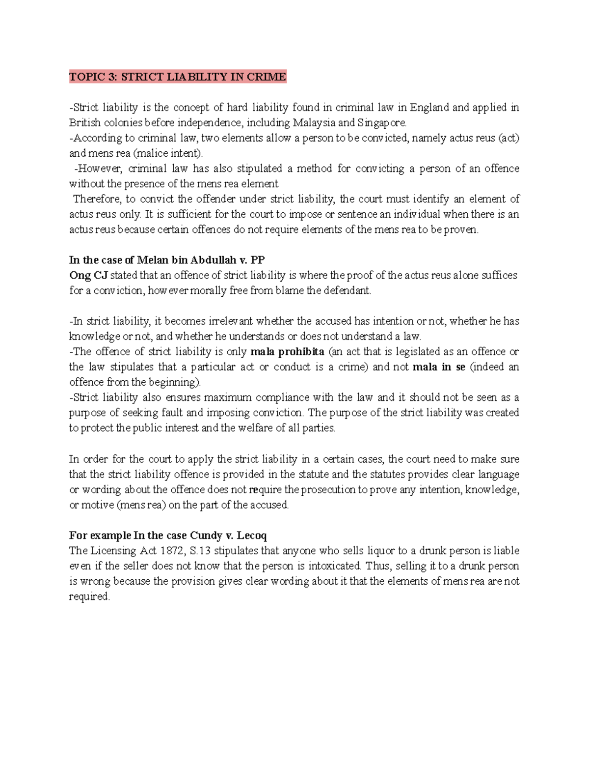 Topic 3: Strict Liability in Criminal Law - Key Cases and Principles ...