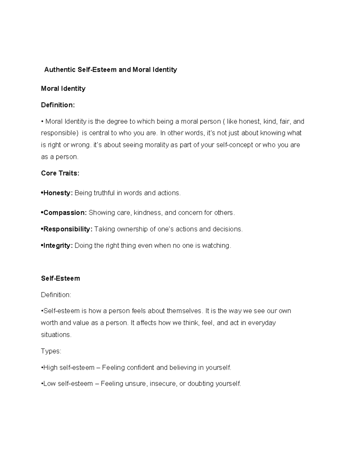 Week 10 - Moral Identity and Self-Esteem Insights - Studocu