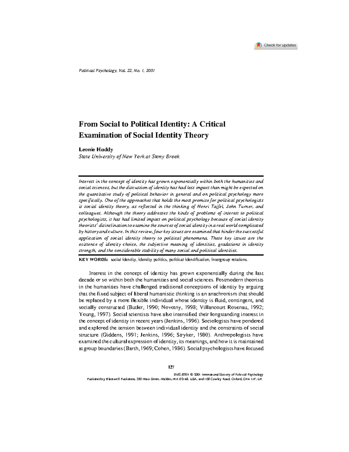 From Social to Political Identity: A Critical Review of Social Identity ...