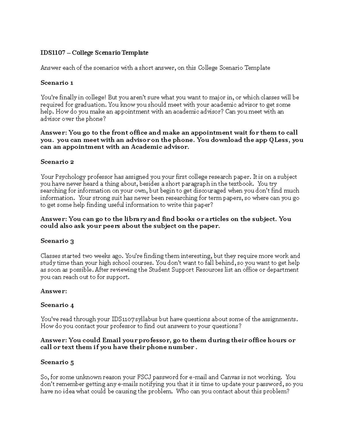 IDS1107 College Resource Scenarios & Solutions Guide - Studocu
