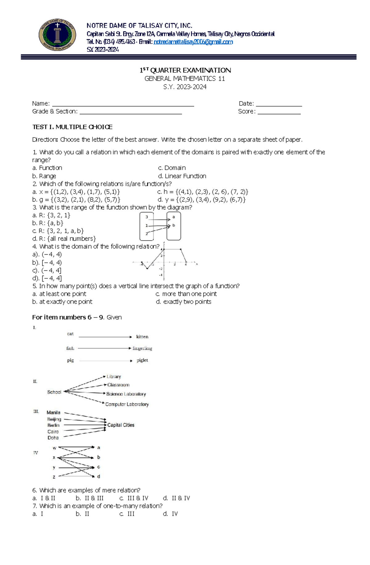 GEN MATH 11 S.Y. 1ST QUARTER EXAMINATION REVIEW - Studocu