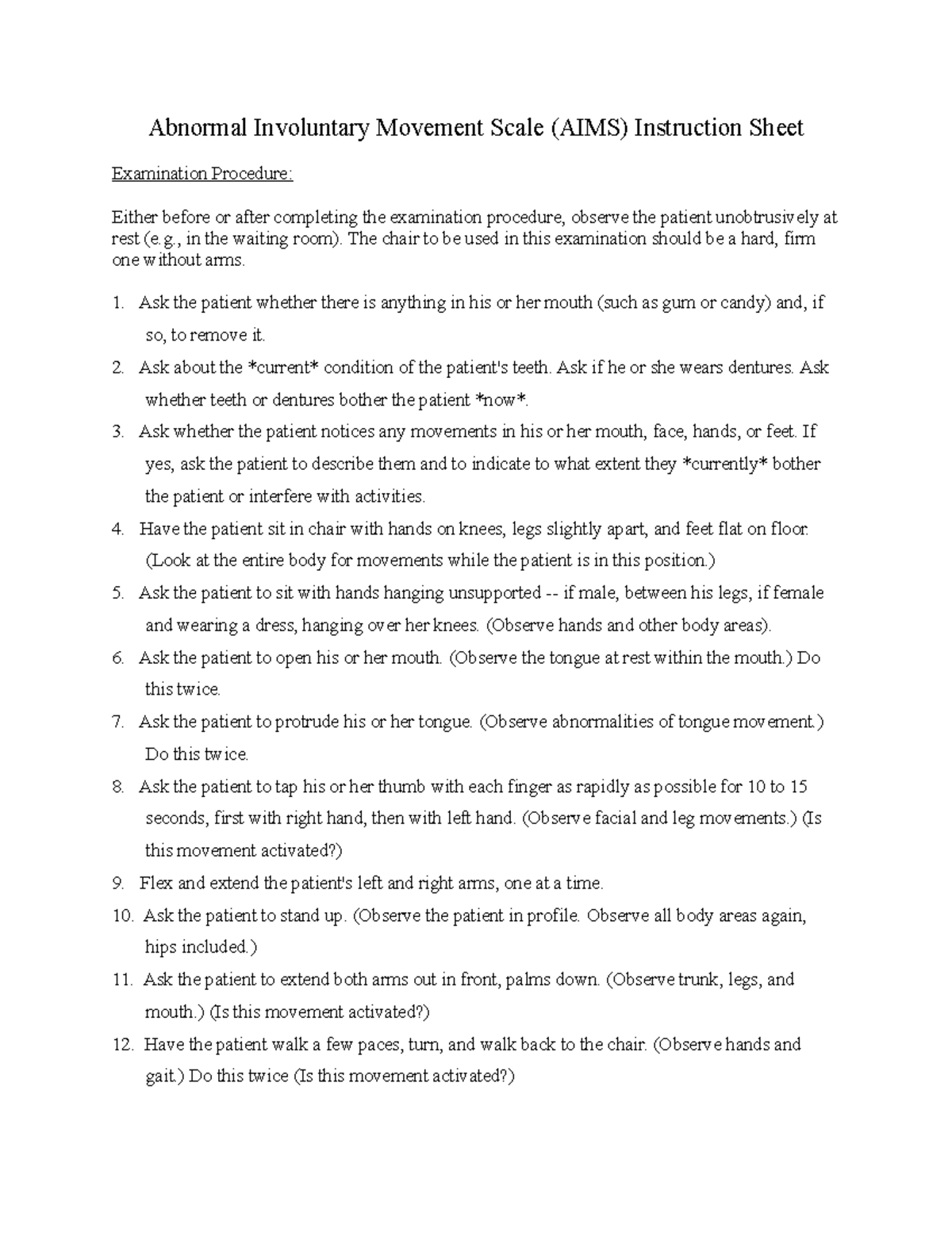 AIMS - Abnormal Involuntary Movement Scale Instruction Guide - Studocu
