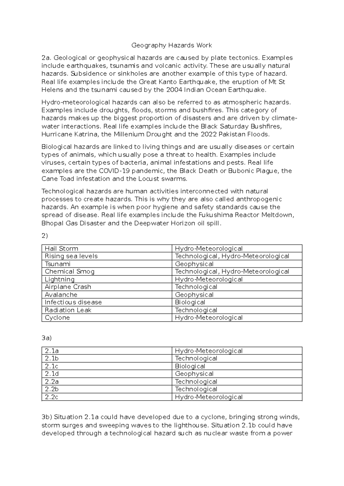 Geography Hazards Work 2a: Understanding Natural and Technological ...