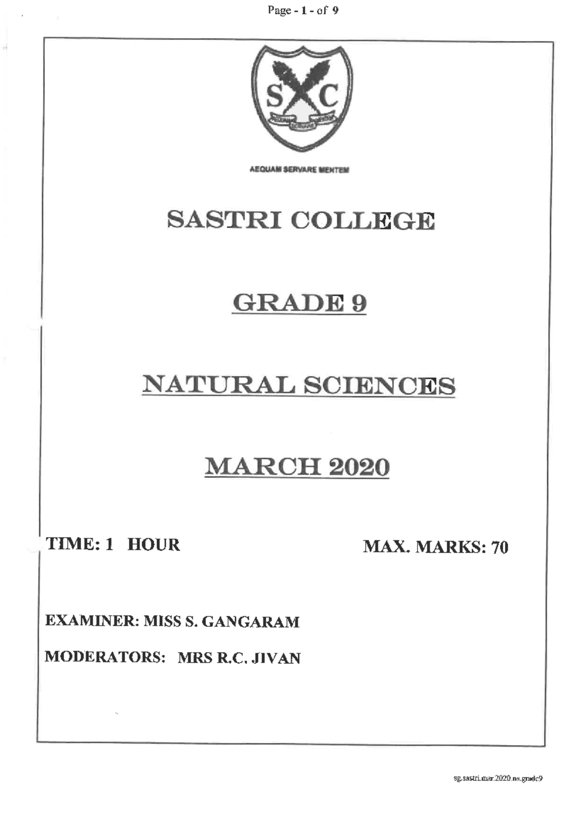 Grade 9 Natural Sciences March 2020 Exam Paper (1g9) - Studocu