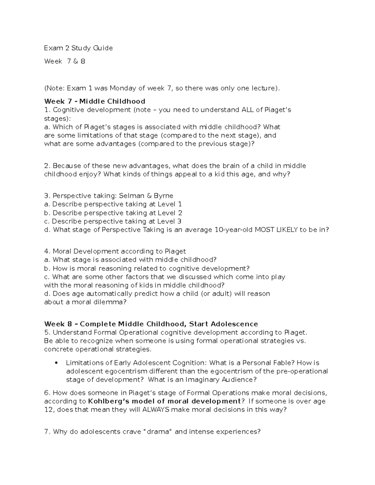 Exam 2 Study Guide: Cognitive Development & Moral Reasoning (Weeks 7-8 ...