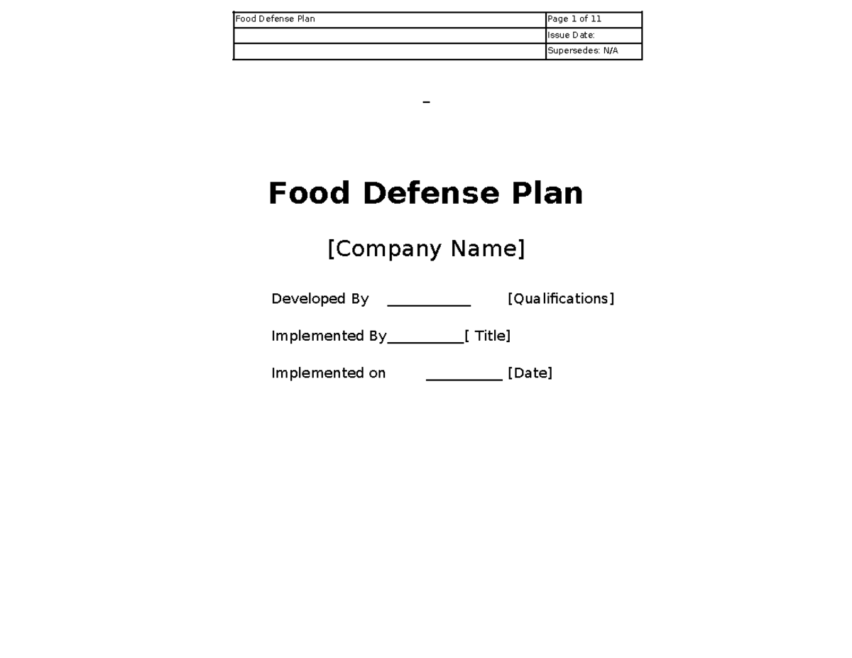 472641130 Food Defense Plan Template docx - Issue Date: Supersedes: N/A ...