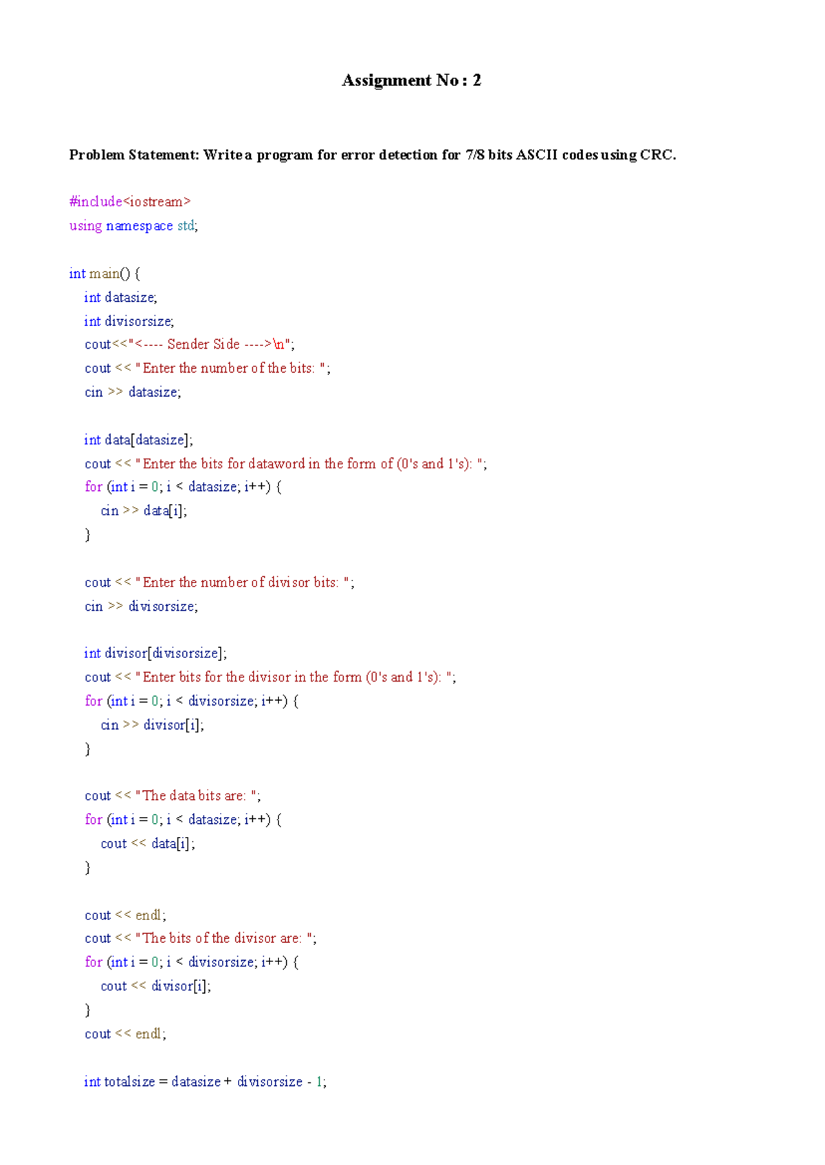 Assignment 2: CRC Error Detection for 7/8 Bits ASCII Codes - Studocu