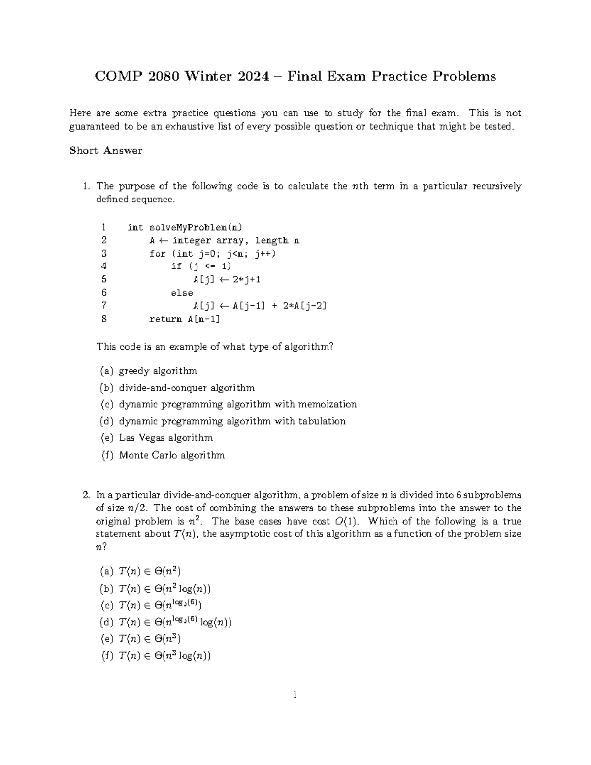 COMP 2080 Winter 2024 Final Exam Practice Problems and Solutions - Studocu