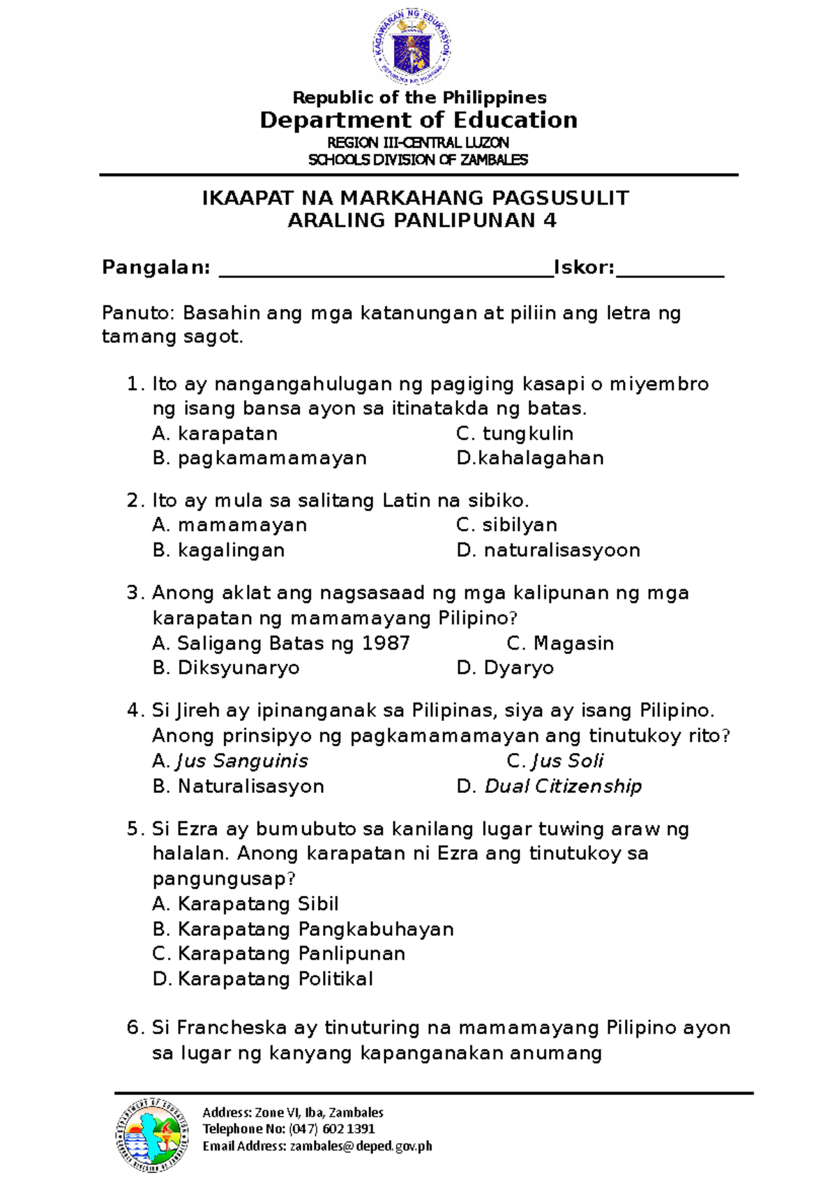 AP 4 Ikaapat na Markahang Pagsusulit sa Araling Panlipunan - Studocu