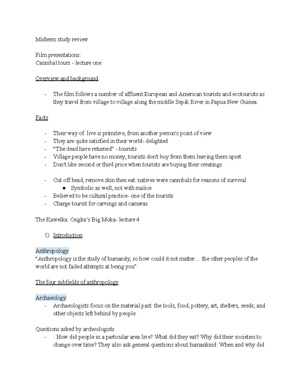 Midterm Study Review: Film Presentations & Anthropology Insights - Studocu