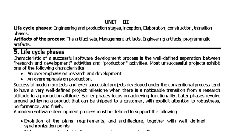 SPM Unit 3: Software Life Cycle Phases & Artifacts Overview - Studocu