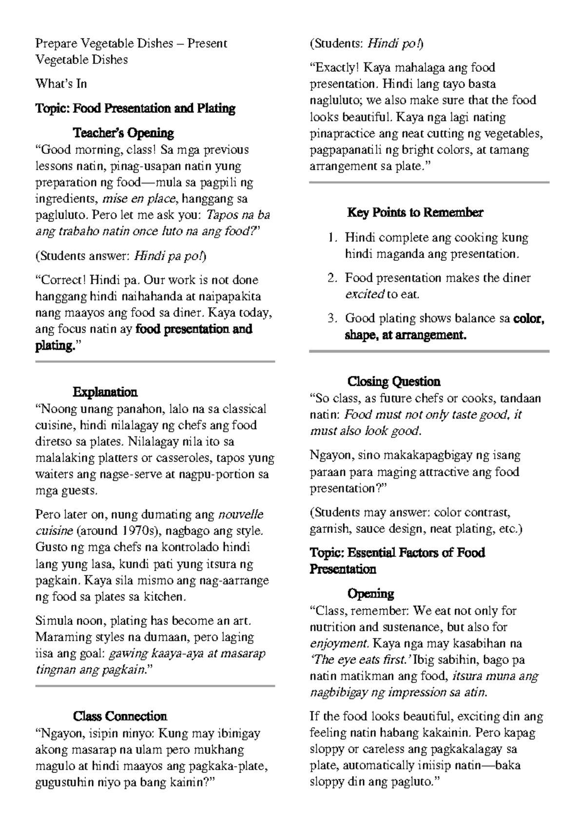 G10 Food Presentation: Preparing and Plating Vegetable Dishes - Studocu