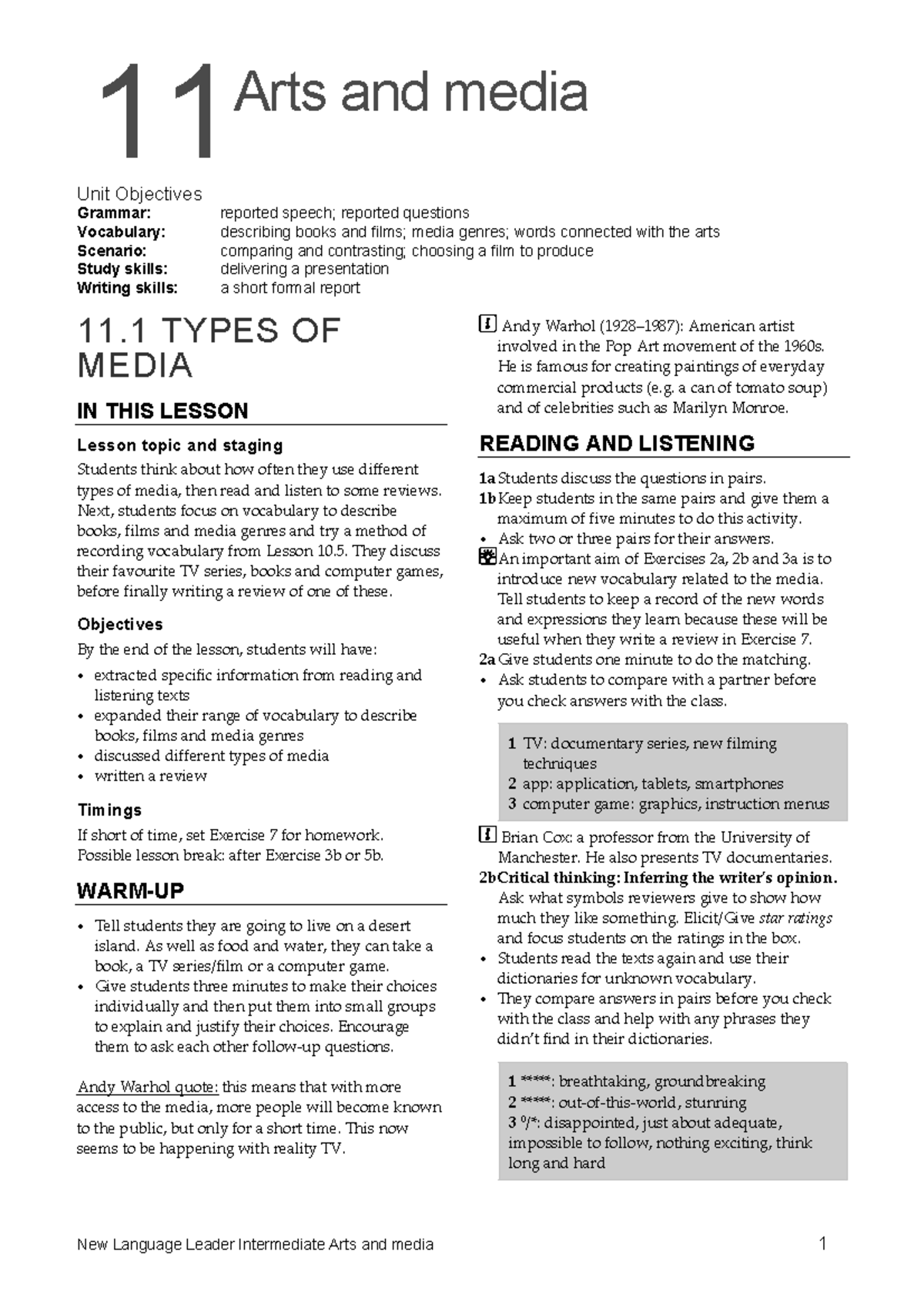 Unit 11 - New Language Leader Intermediate Answers on Arts & Media ...