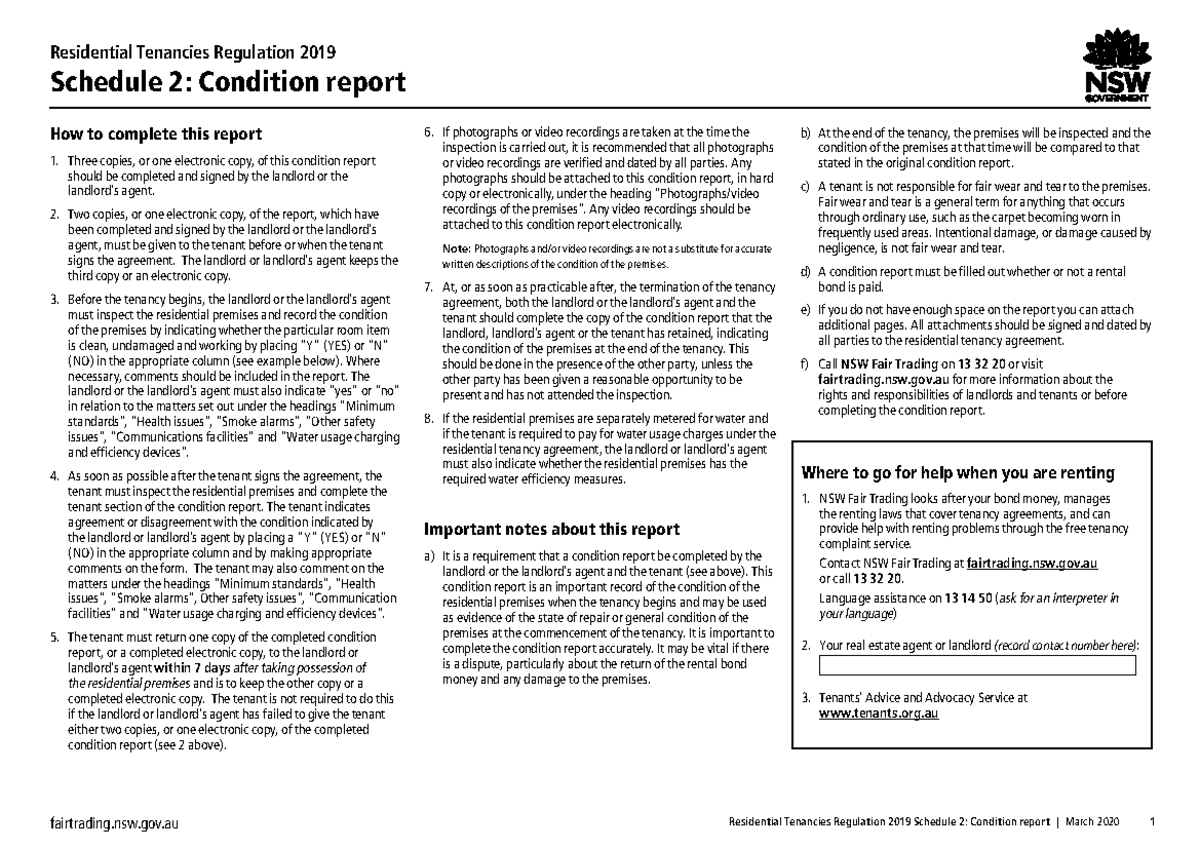 Residential Tenancies Regulation 2019: Condition Report Guide - Studocu