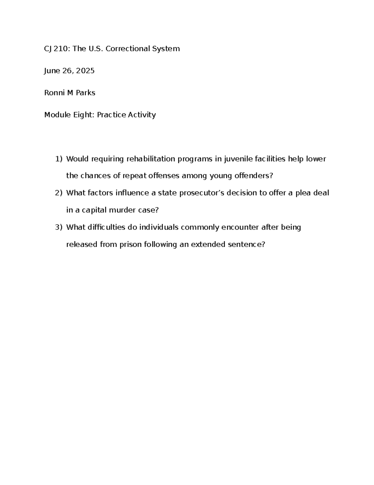 CJ 210 - Module Eight Practice Activity - CJ 210 - CJ 210: The U ...