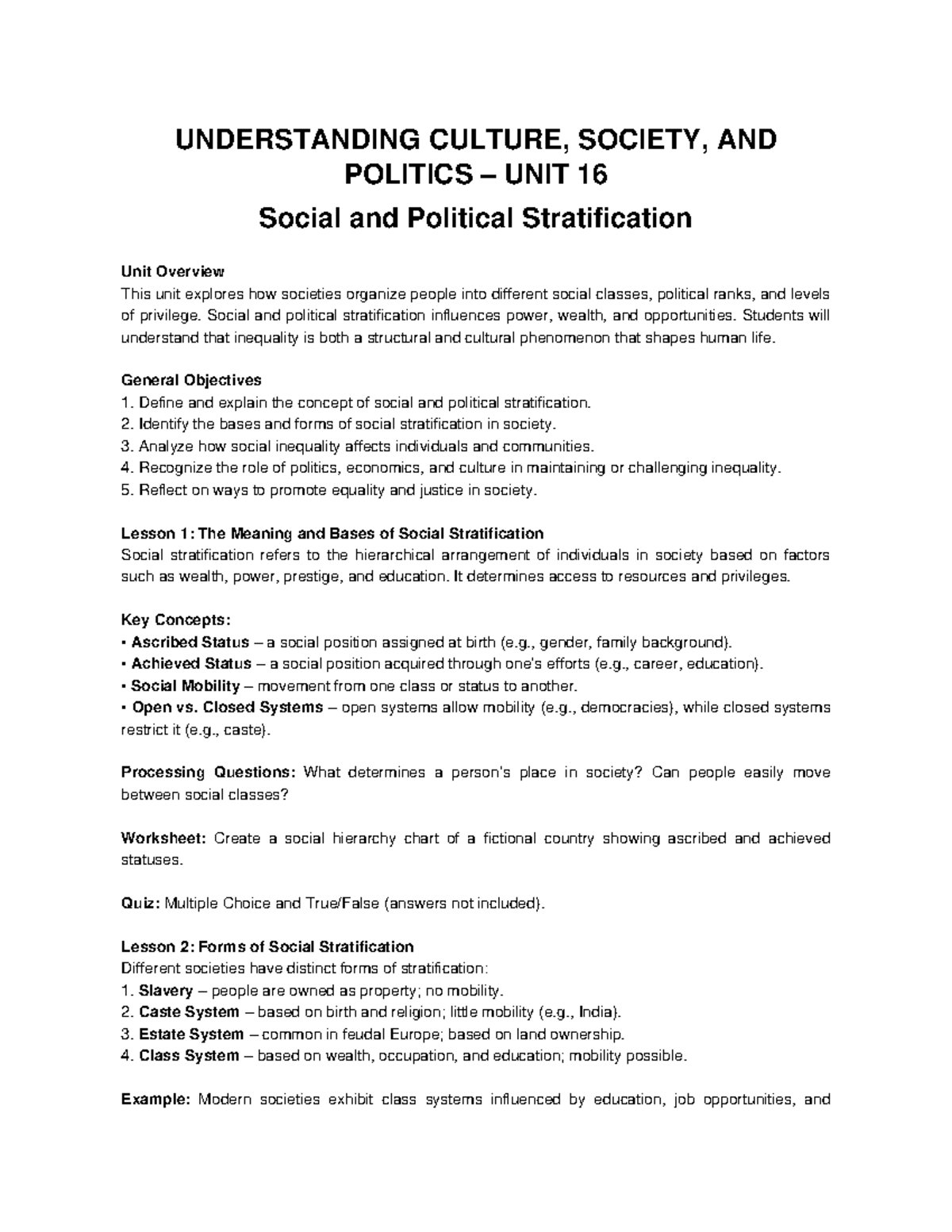 UCSP Unit 16: Social and Political Stratification Overview - Studocu