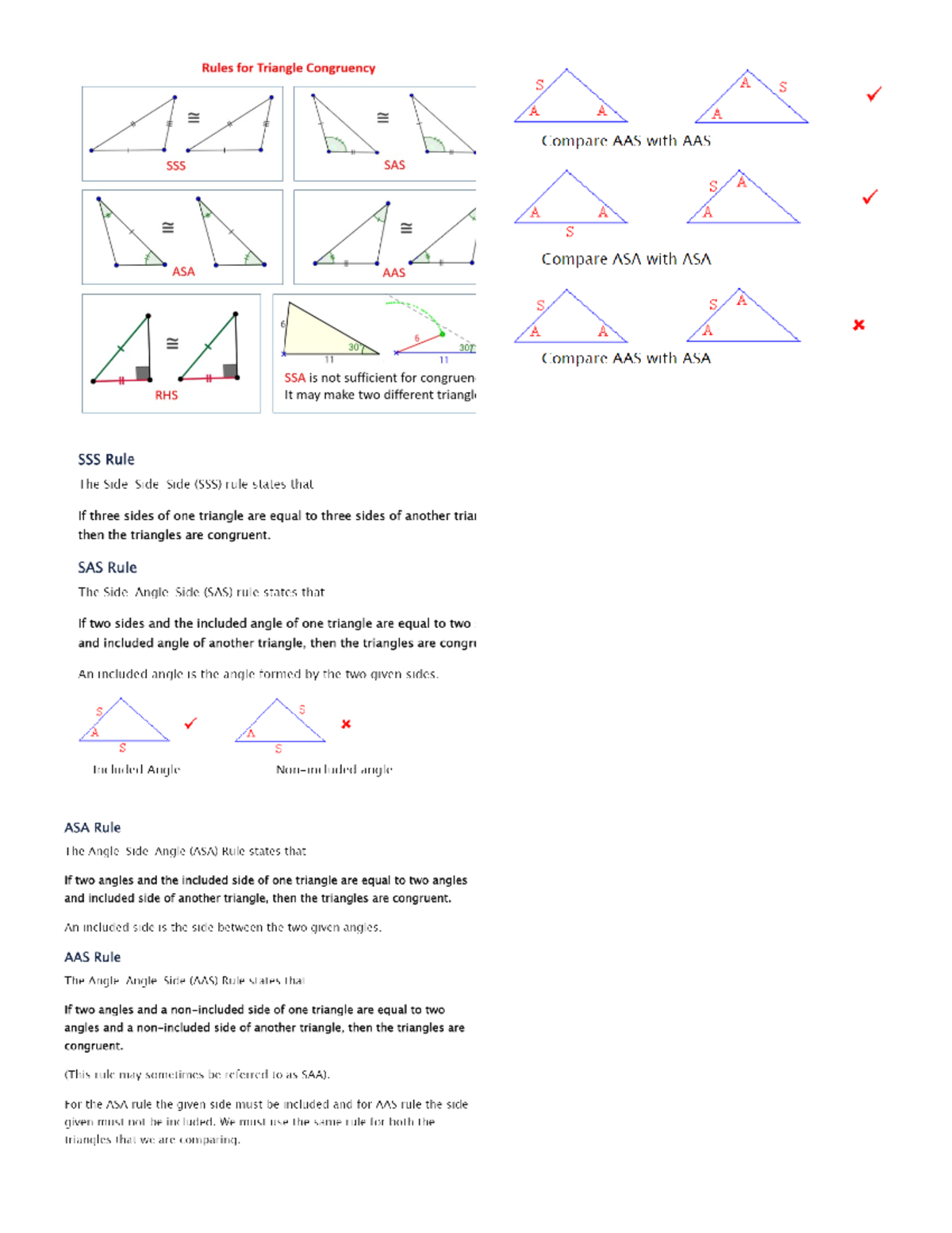 Triangle Congruence - SAS Rule The (SAS) rule states that If two sides ...
