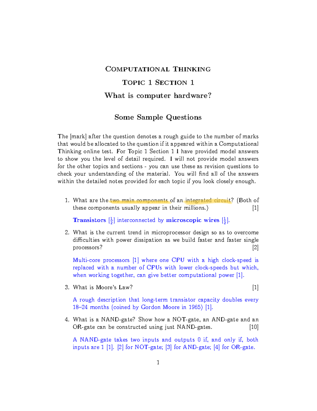 CT Topic 1 Sample Questions & Model Answers for Hardware - Studocu