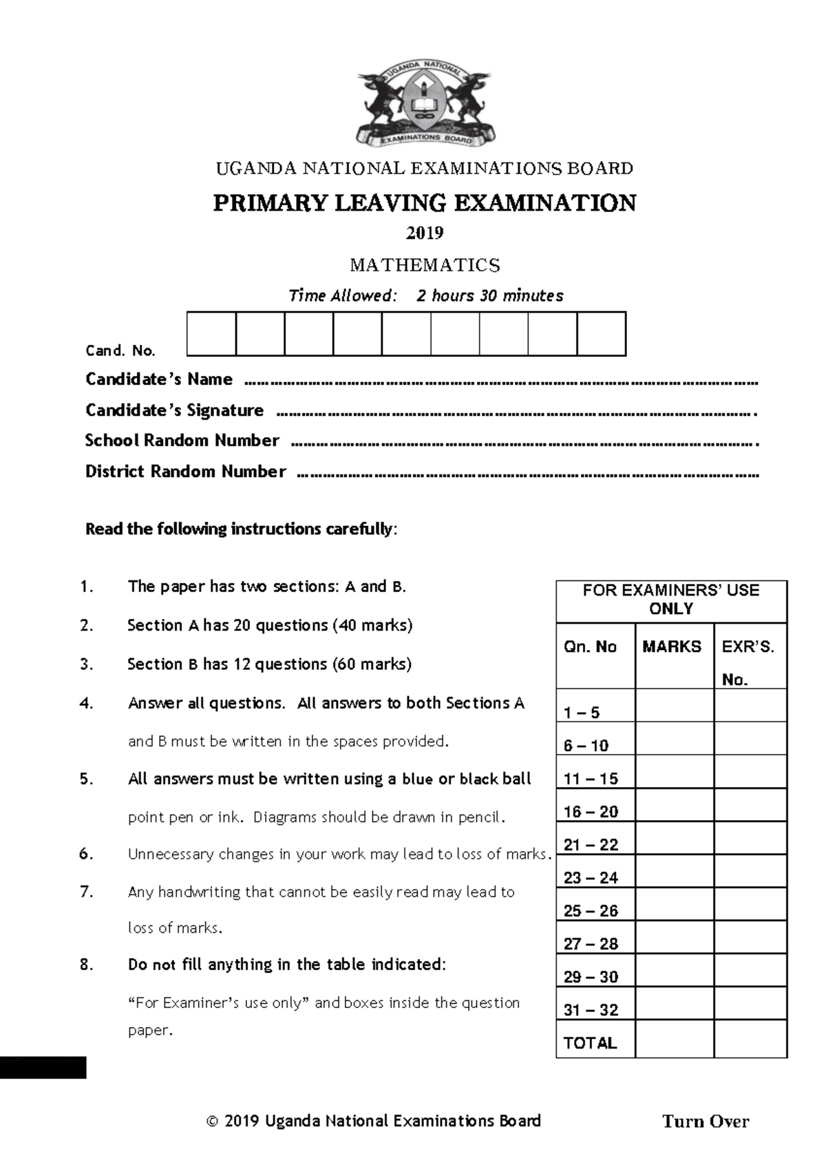 2020 PLE MTC - Past Papers for Primary Mathematics Exam - Studocu
