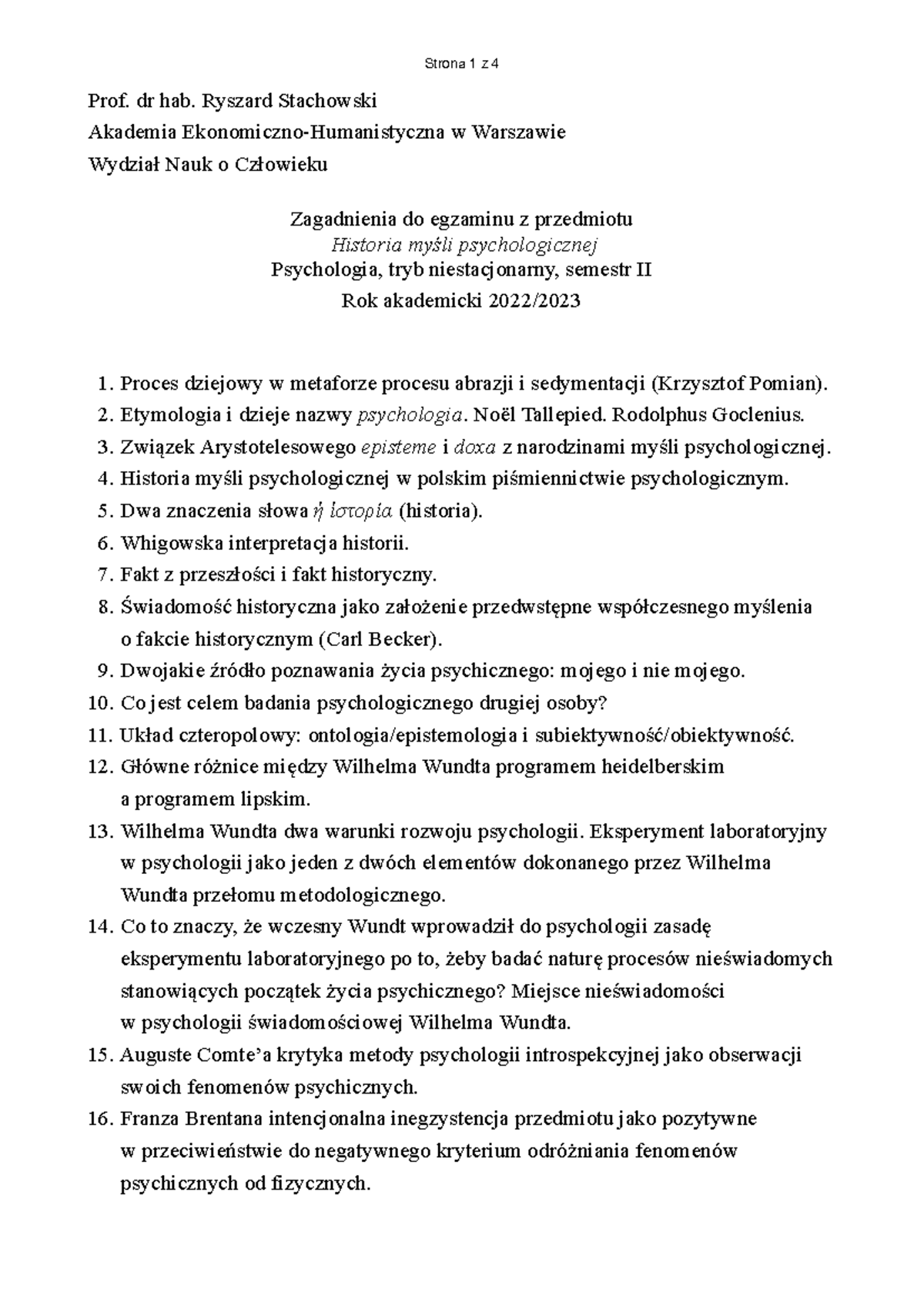 Zagadnienia do egzaminu: Historia myśli psychologicznej (Psychologia II) - Studocu