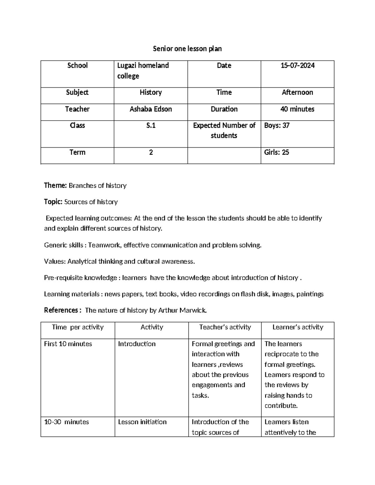 Lesson plan sen-WPS Office - Senior one lesson plan School Lugazi ...