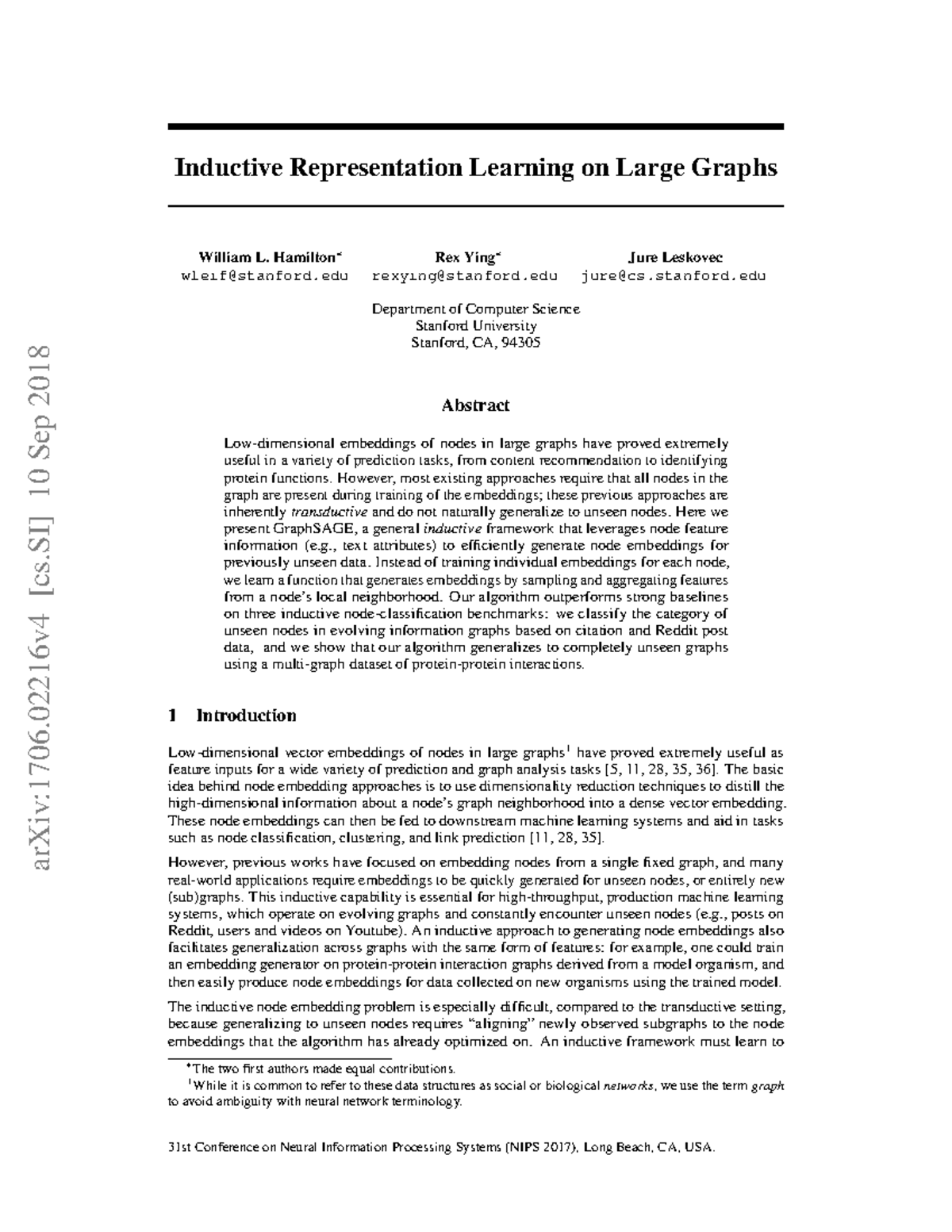 GraphSAGE: Inductive Representation Learning on Large Graphs (1706 ...