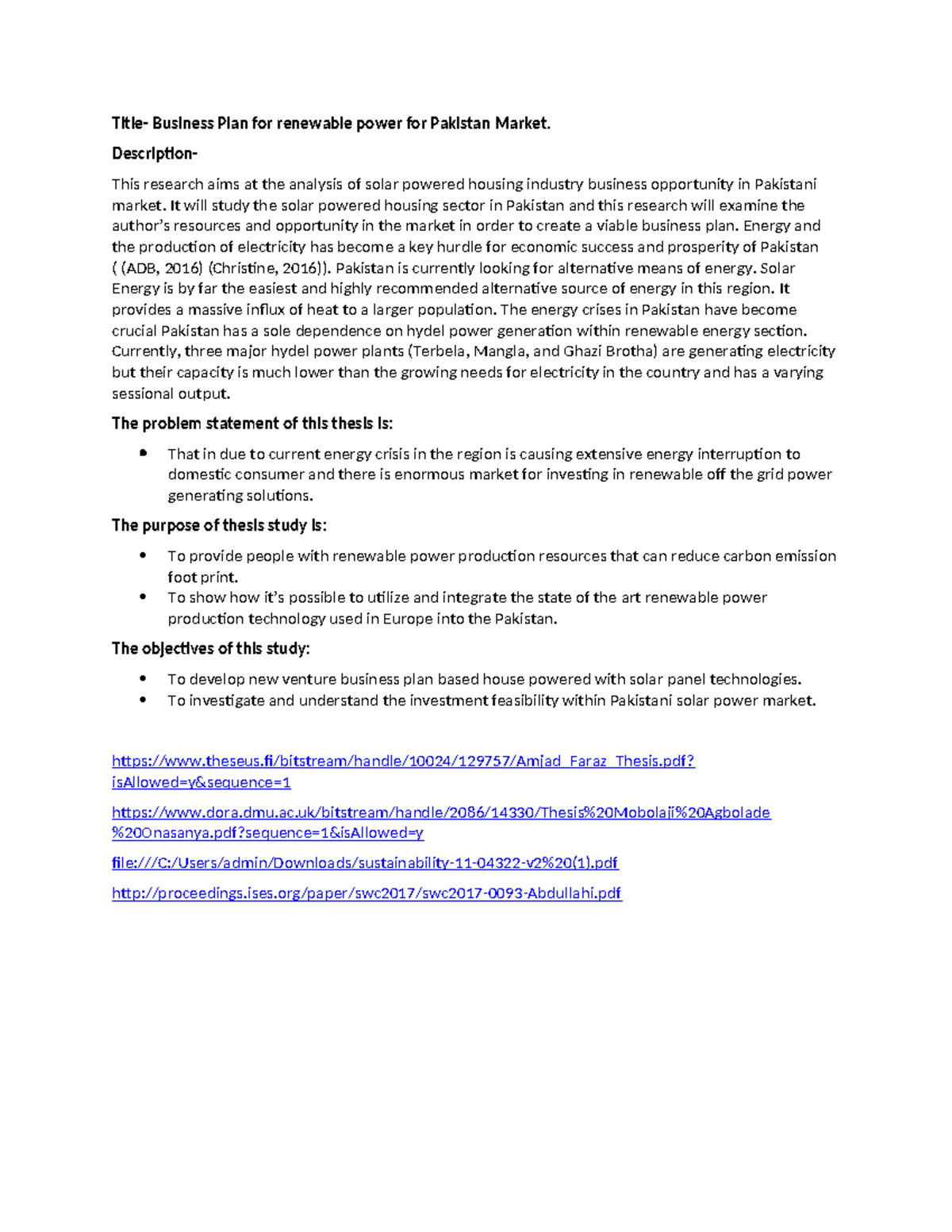 Business Plan for Solar Power in Pakistan Market - Thesis Outline - Studocu