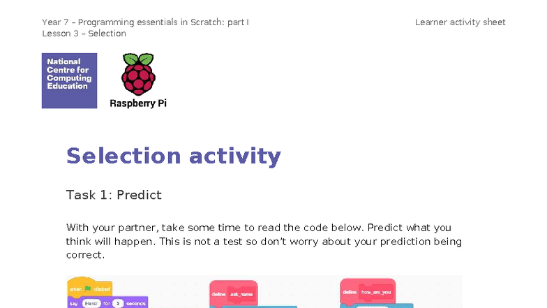 Year 7 Programming Essentials in Scratch: Part I Lesson 3 Selection ...