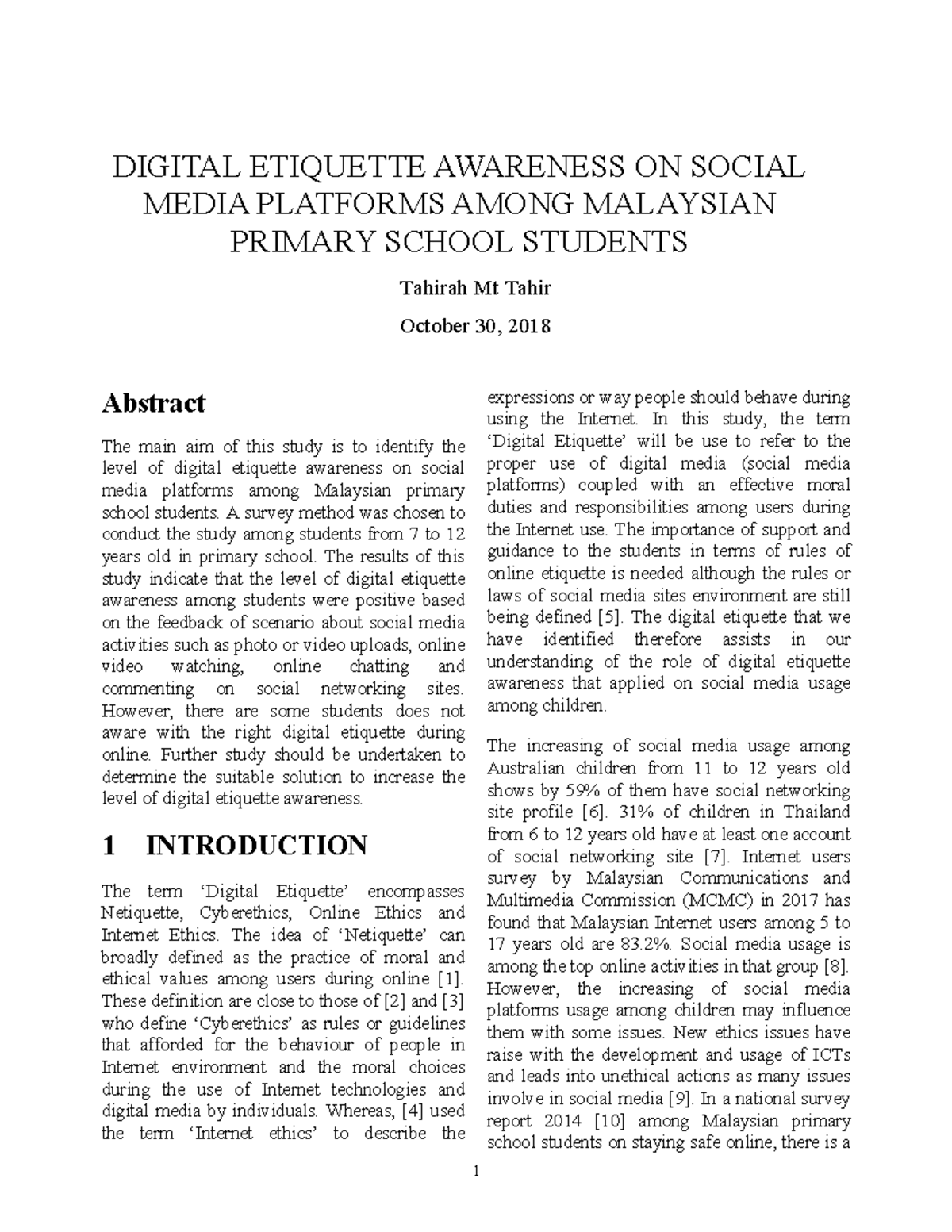 DIGITAL ETIQUETTE AWARENESS AMONG MALAYSIAN PRIMARY STUDENTS - Studocu
