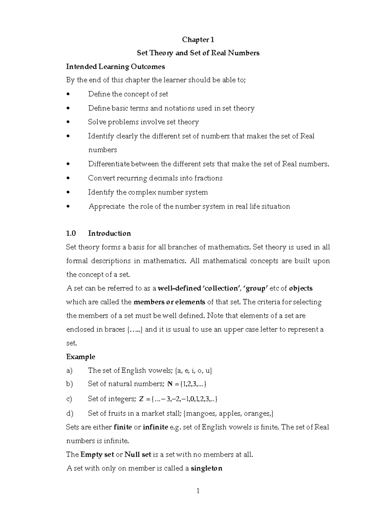 Chapter 1: Set Theory & Real Numbers - Learning Outcomes (MATH101) - Studocu