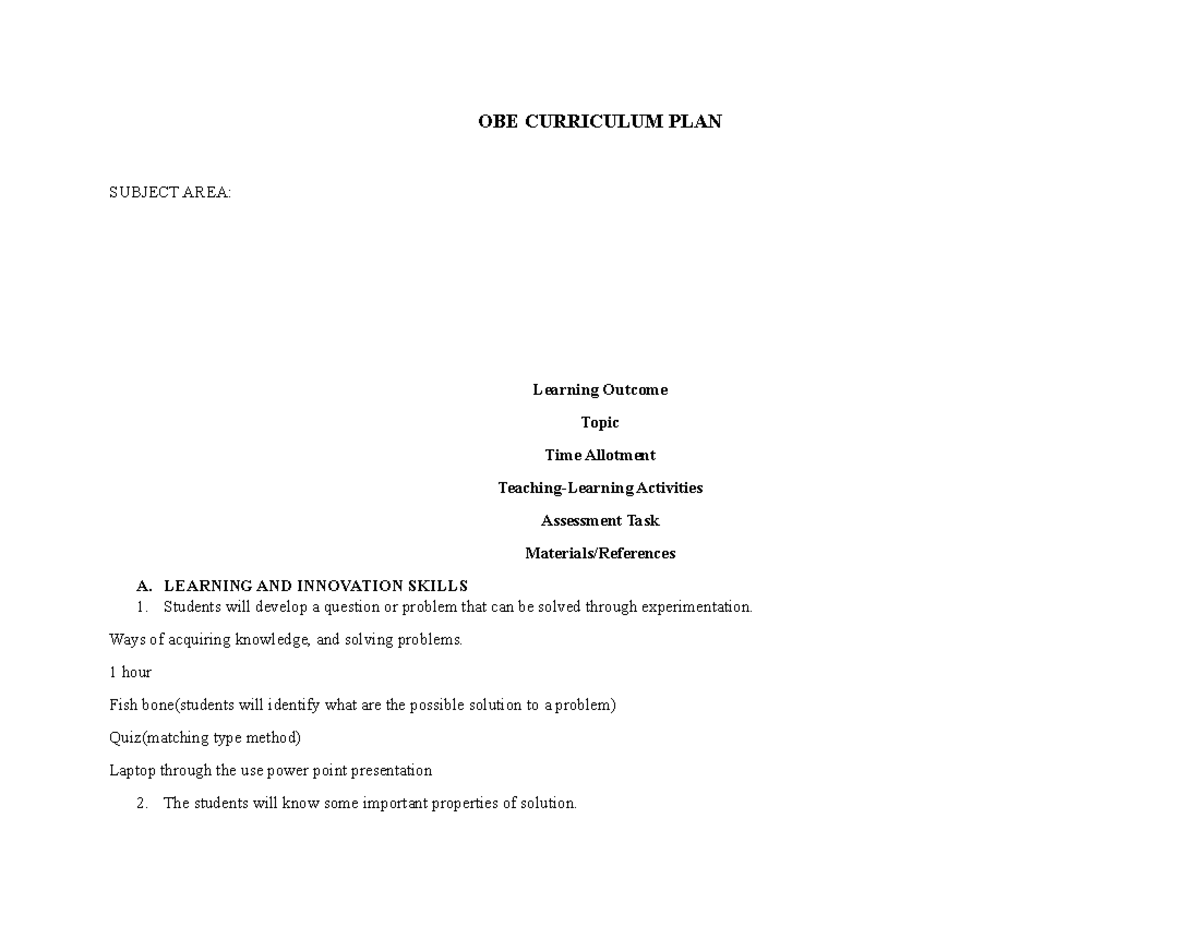 OBE Curriculum Plan for Learning and Innovation Skills - Studocu