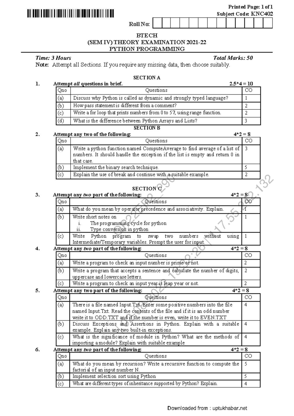 KNC402 BTECH SEM IV Python Programming Theory Exam Notes - Studocu