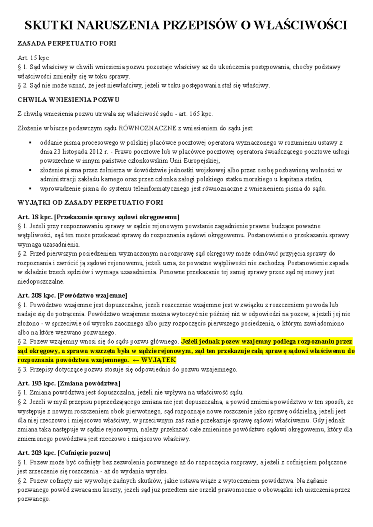 Skutki naruszenia właściwości w postępowaniu cywilnym - KPC - Studocu