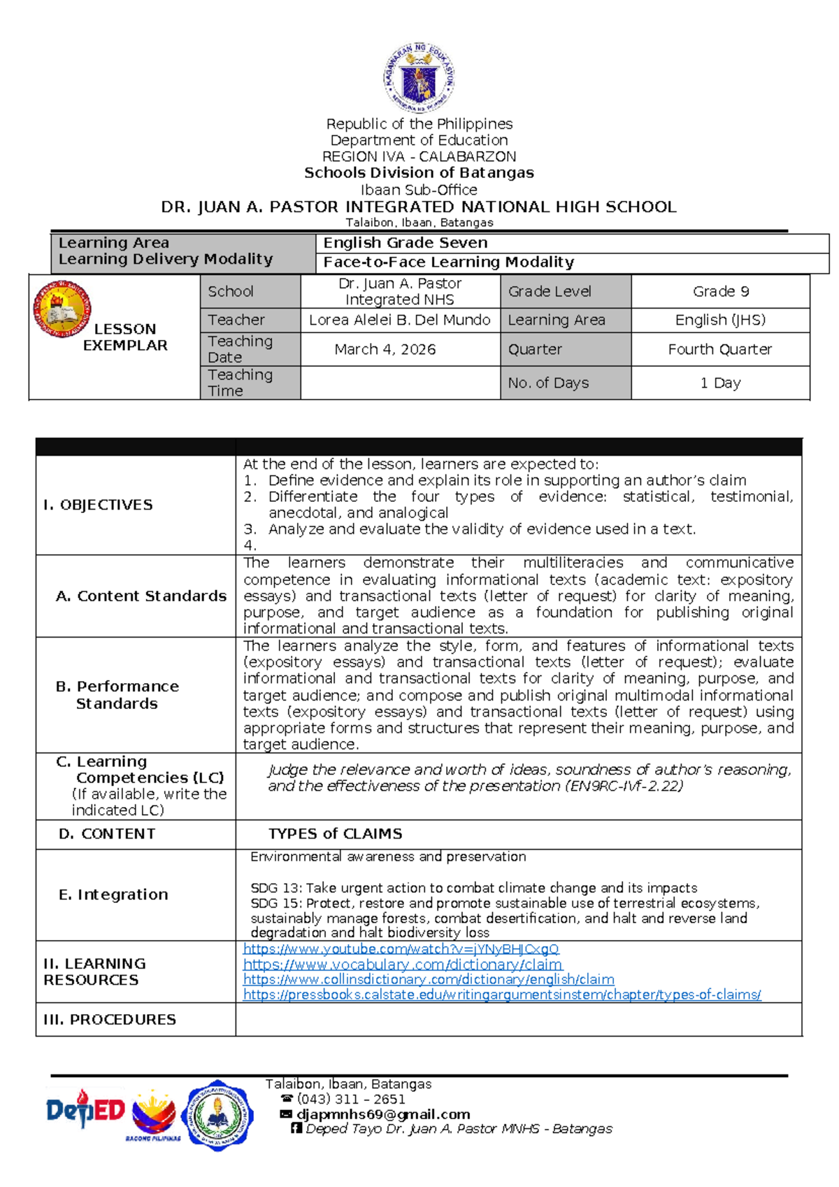 Types of Claims Lesson Exemplar - Grade 9 English (JHS) - Studocu