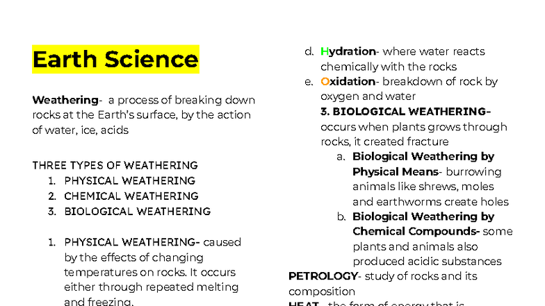 Earth Science (ES101): Weathering Processes and Internal Heat Sources ...