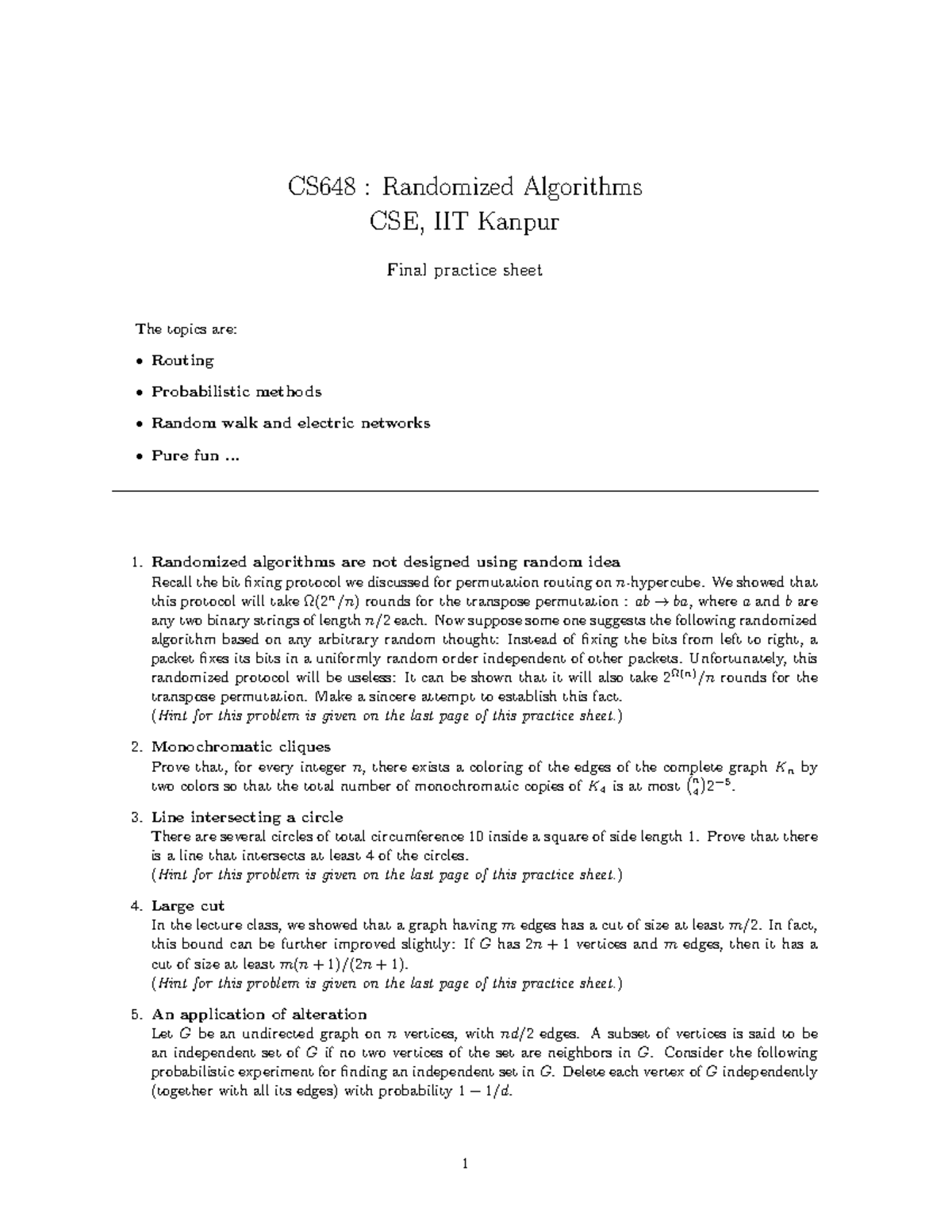 CS648: Final Practice Sheet on Randomized Algorithms and Topics - Studocu
