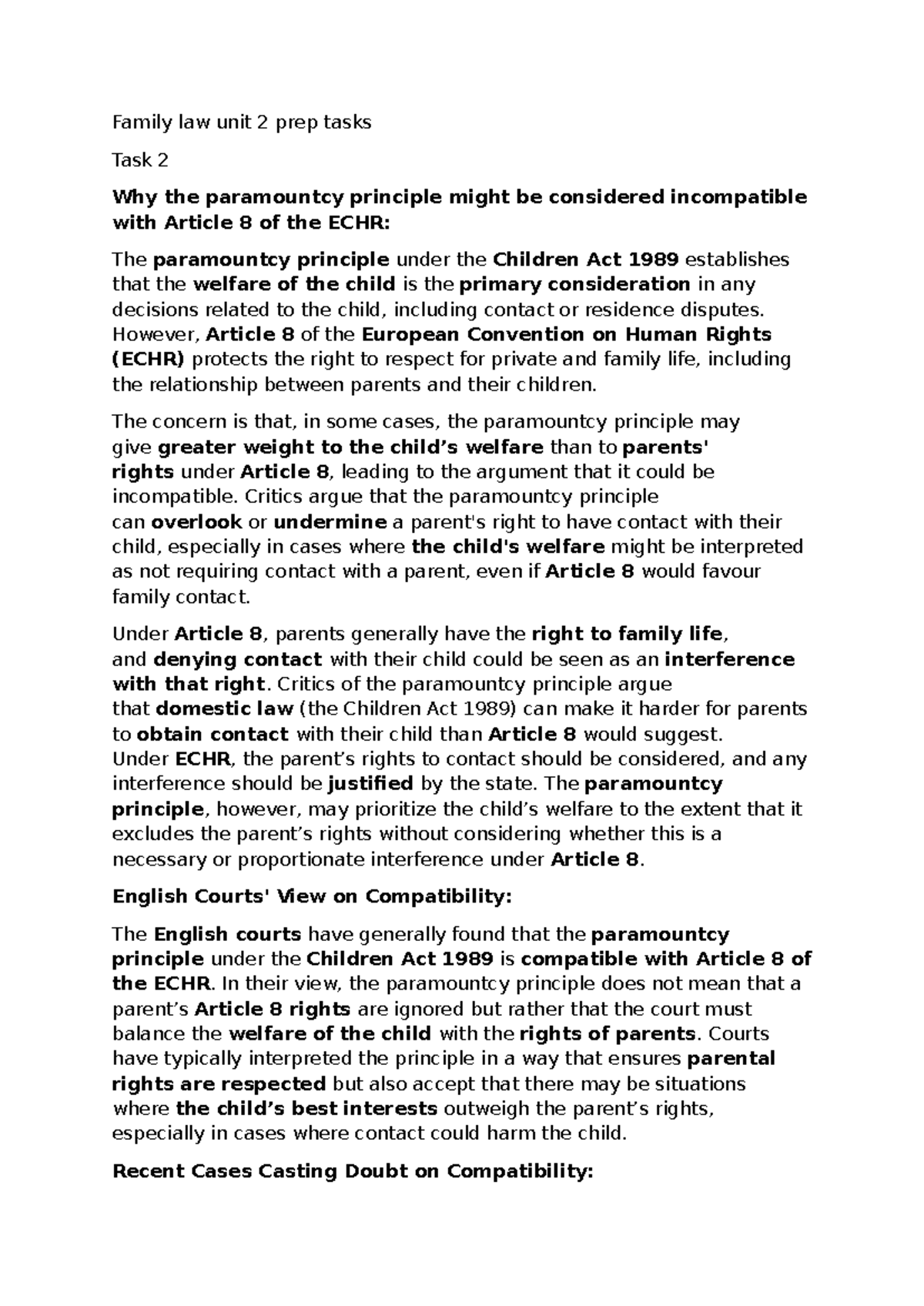Family Law Unit 2 Prep: Paramountcy Principle vs. ECHR Article 8 - Studocu