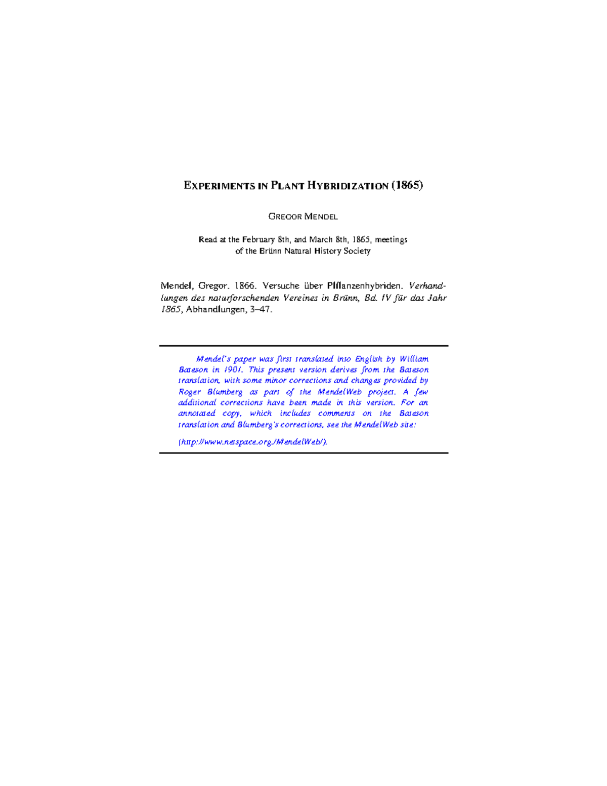 Mendel's 1865 Experiments in Plant Hybridization: A Detailed Study ...