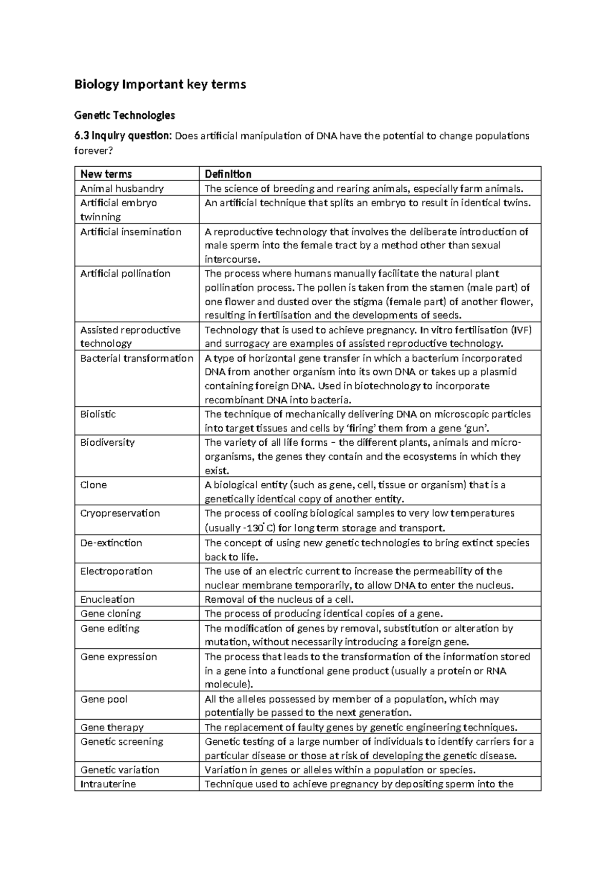 6.3 Biology Key Terms: Genetic Technologies and DNA Manipulation - Studocu