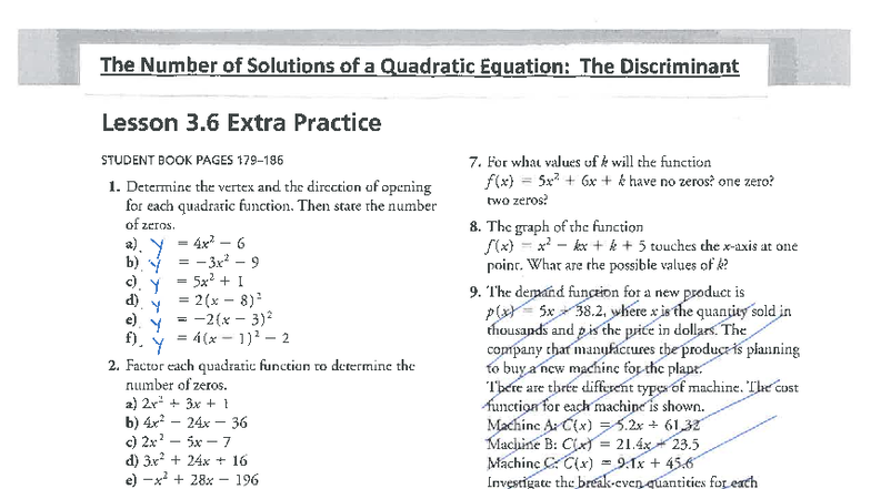 6.6 The Discriminant - HW Questions (Exercise 3.6 Extra Practice) - Studocu