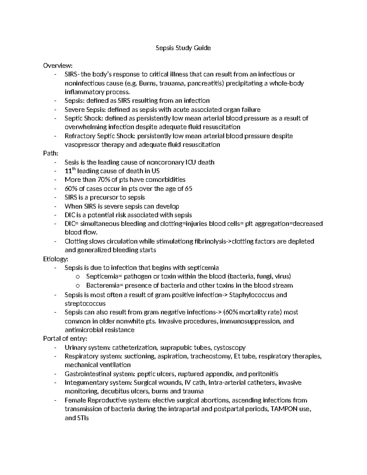 Sepsis Study Guide - Nursing Notes for Understanding SIRS & Shock - Studocu