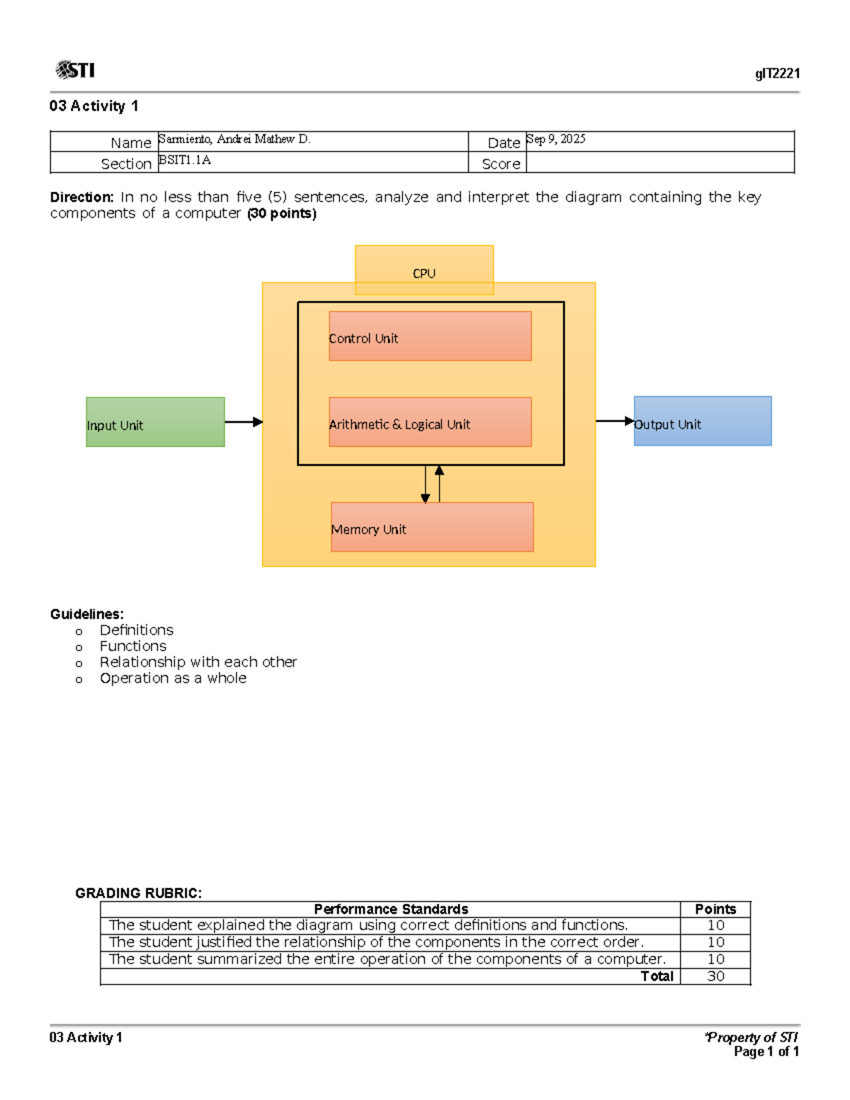 03 Activity 1: Analyzing Computer Components - BSIT1.1A - Studocu