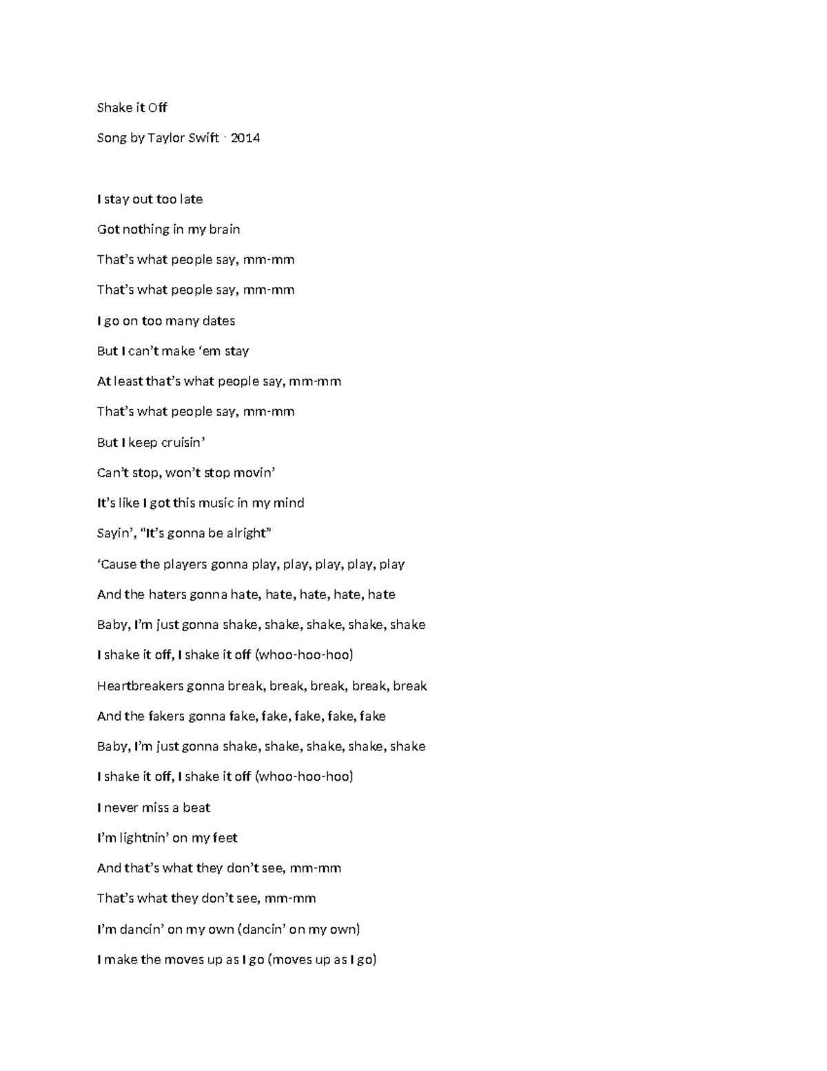 Shake it Off - Song Lyrics Analysis (2014) - Studocu