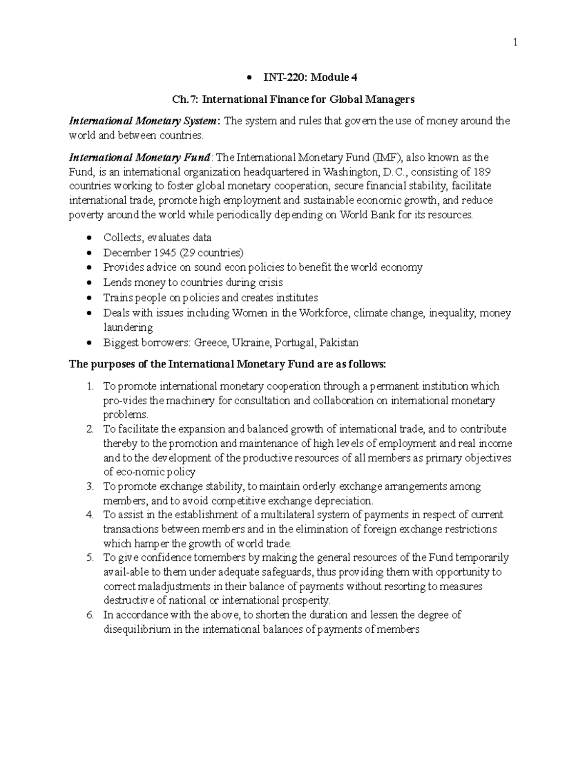 INT-220 Module 4 Notes: International Finance & Monetary System - Studocu