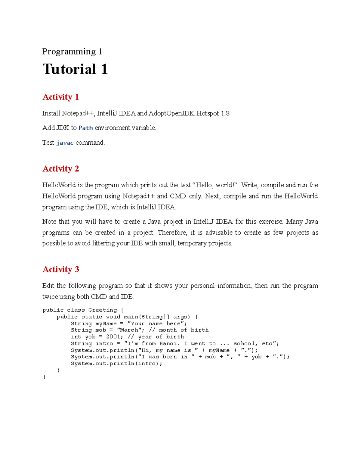 Tutorial 1 - pr1Tutorial 1 - Lecture notes 1,3-5,7 - Programming 1 ...