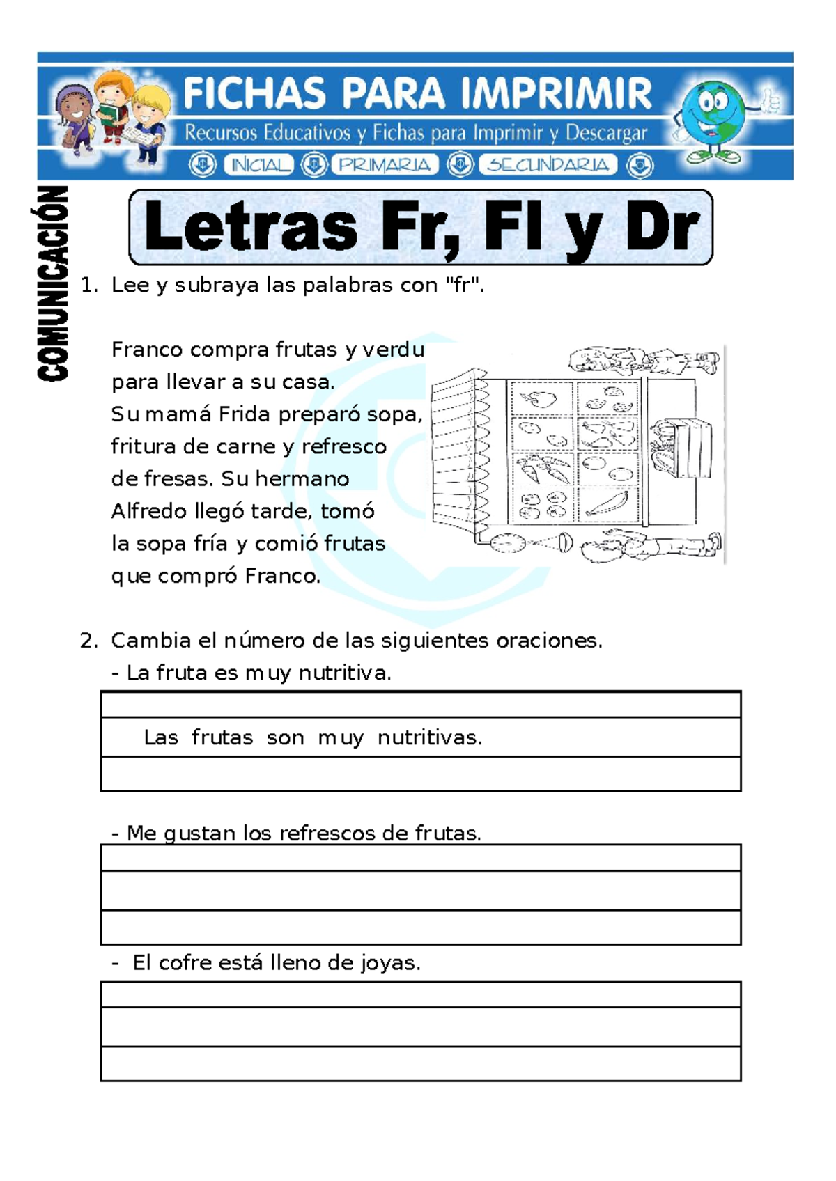 Ficha de La Letra de Fr Fl y Br para Primero de Primaria - 1. Lee y ...