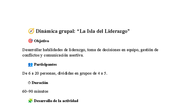 Dinámica grupal: Isla del Liderazgo y Habilidades de Equipo - Studocu